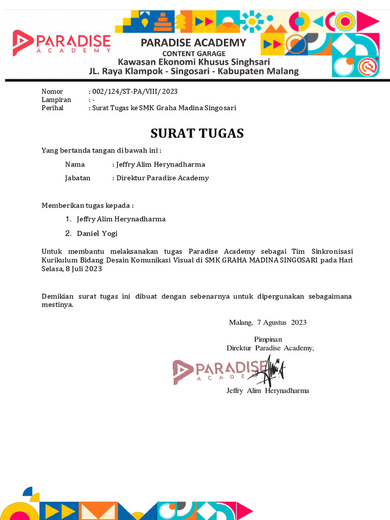 8 Agustus - SURAT TUGAS SINKRONISASI KURIKULUM SMK GRAHA MEDINA | PDF 8 Agustus - SURAT TUGAS SINKRONISASI KURIKULUM SMK GRAHA MEDINA | PDF