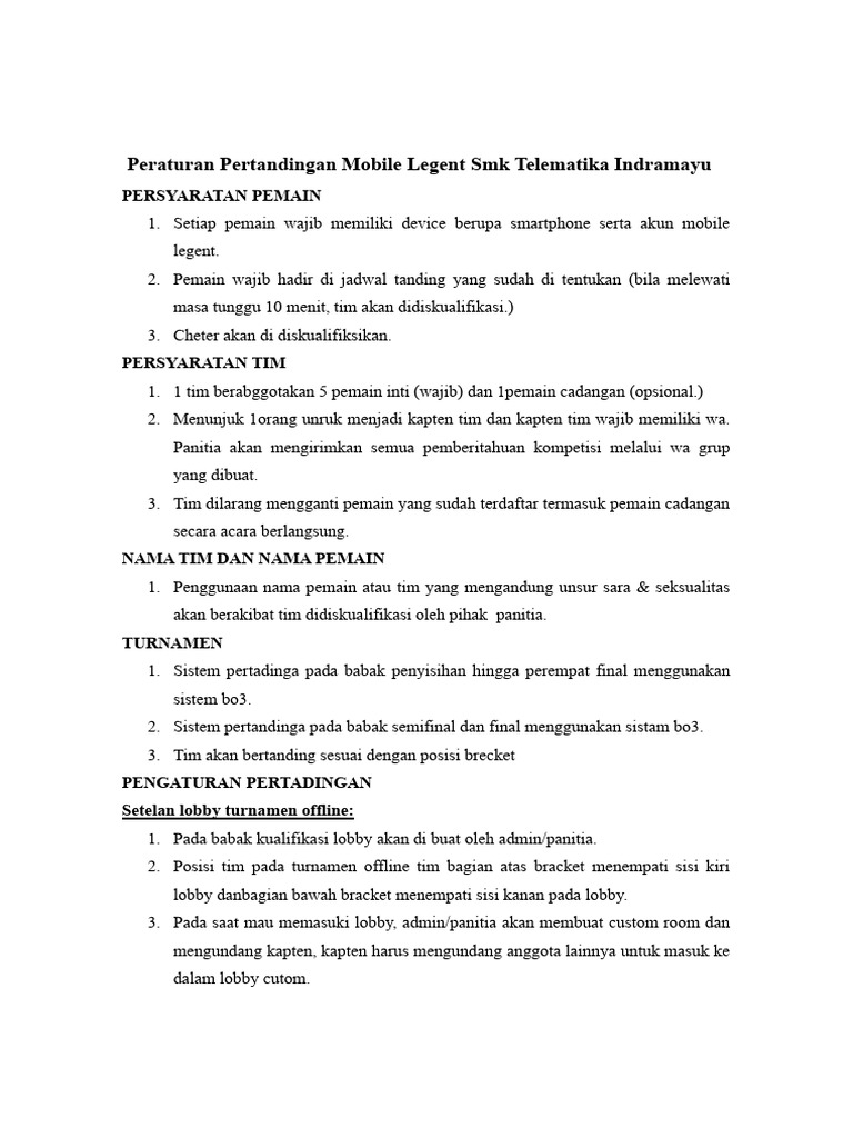 Aturan Turnamen Mobile Legends SMK | PDF