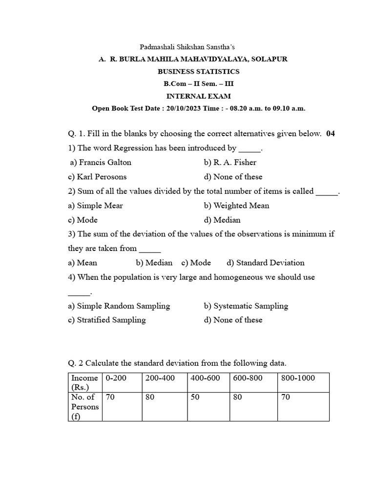 Business Statistics Internal Exam 2023 | PDF | Teaching Methods & Materials
