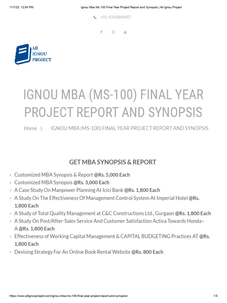 Ignou Mba Ms 100 Final Year Project Report and Synopsis | PDF ...