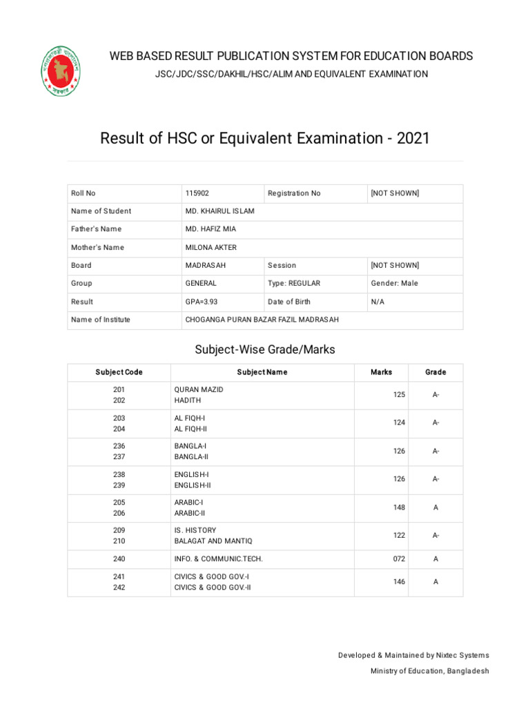 Web-Based Result for HSC 2021 | PDF | Secondary Education | Student ...