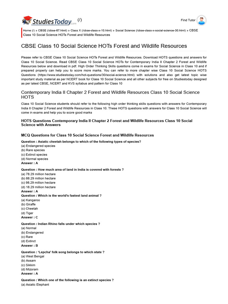 CBSE Class 10 Social Science HOTs Forest and Wildlife Resources | PDF ...