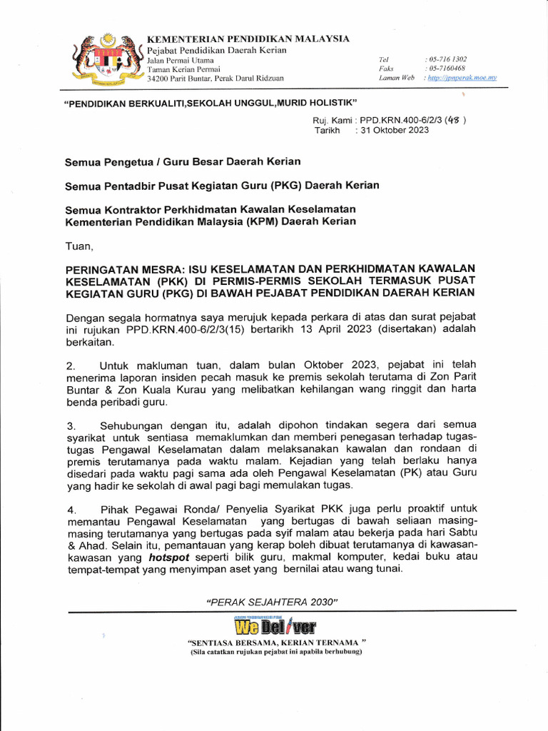Surat PPD Kerian Isu Keselamatan Premis Kerajaan Milik KPM Di Daerah | PDF