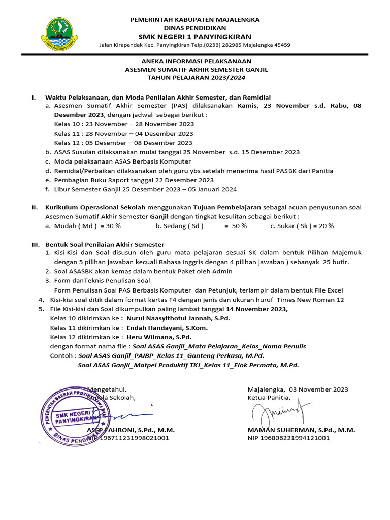 Informasi Penilaian Akhir Semester Ganjil 2022 - 2023 | PDF