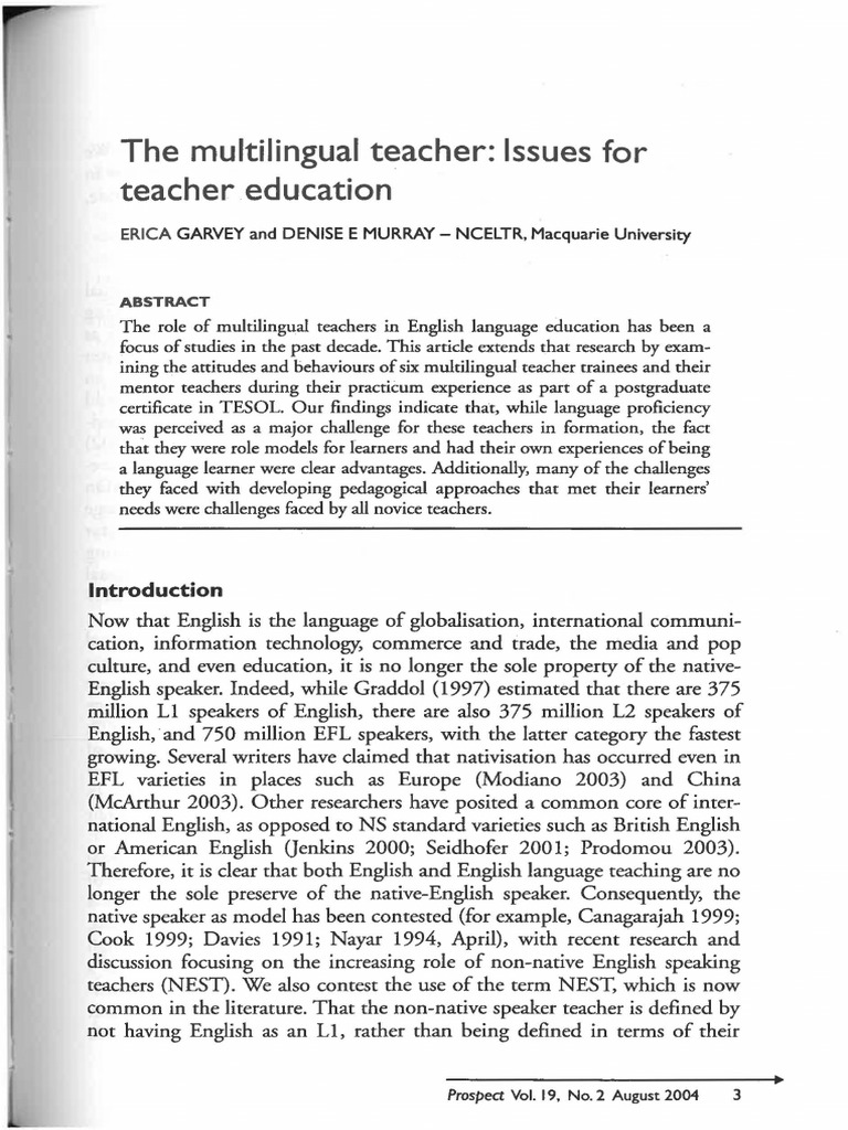 Garvey, E., & Murray, D. E. (2004) - The Multilingual Teacher Issues ...