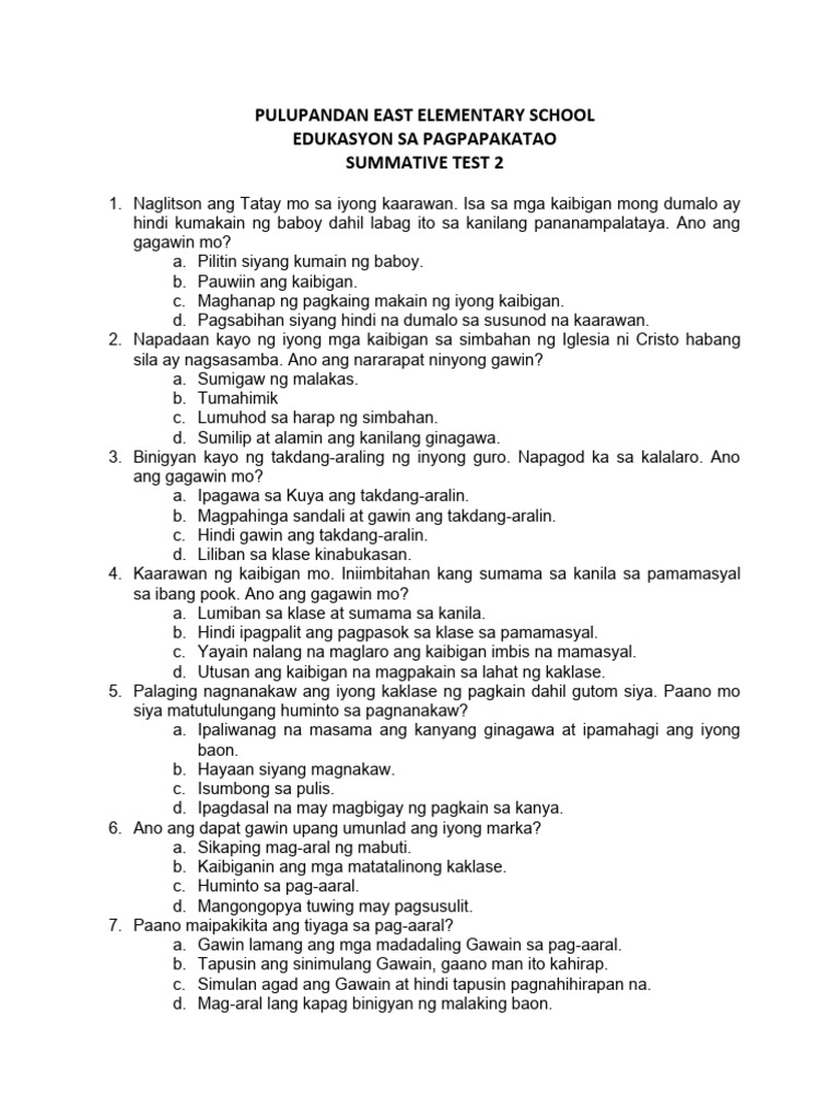 ESP 5 Quarter 1 SUMMATIVE TEST 2 | PDF