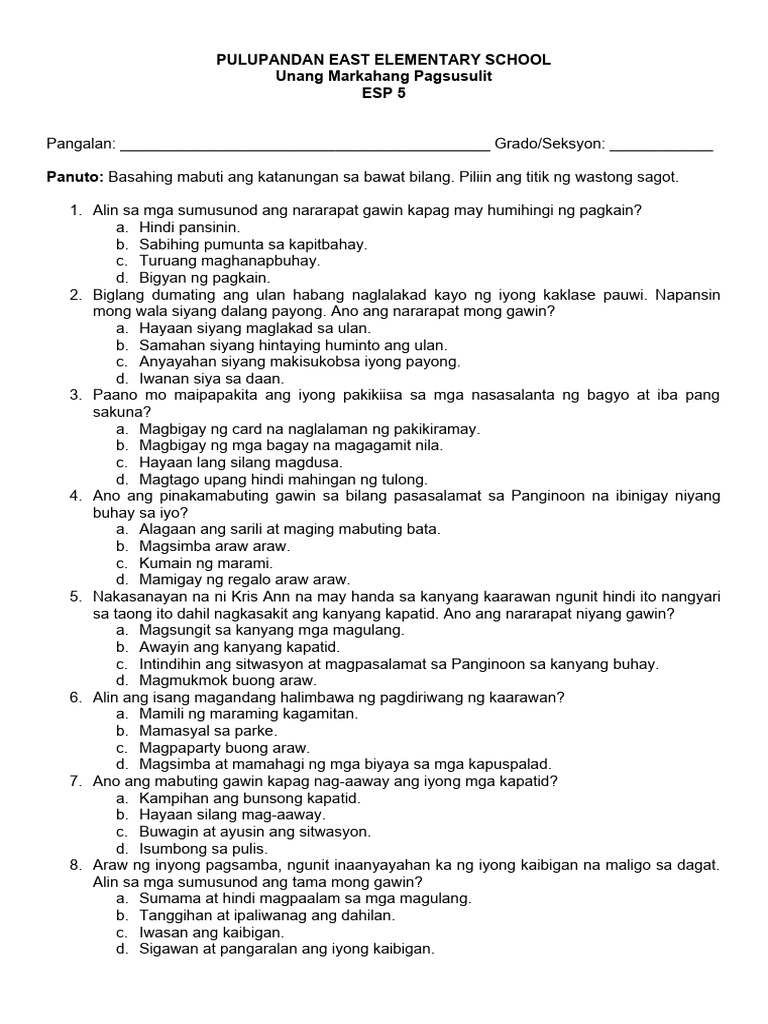 ESP 5 Quarter 1 Exam | PDF