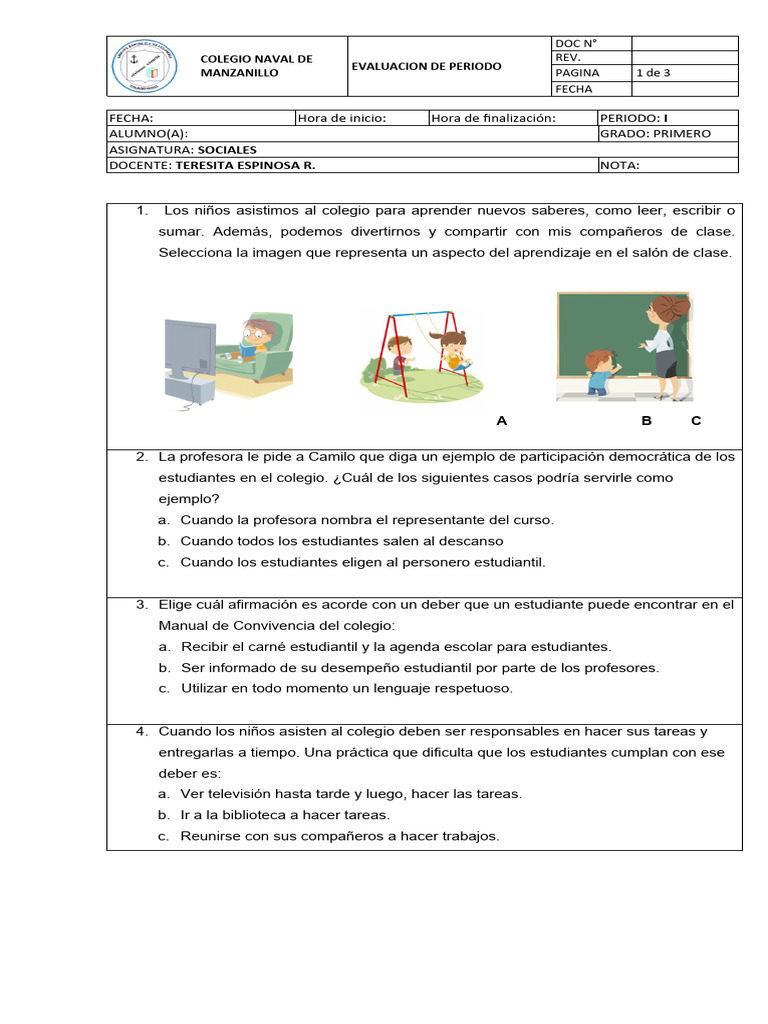 Sociales Grado PRIMERO | PDF | Maestros | Evaluación