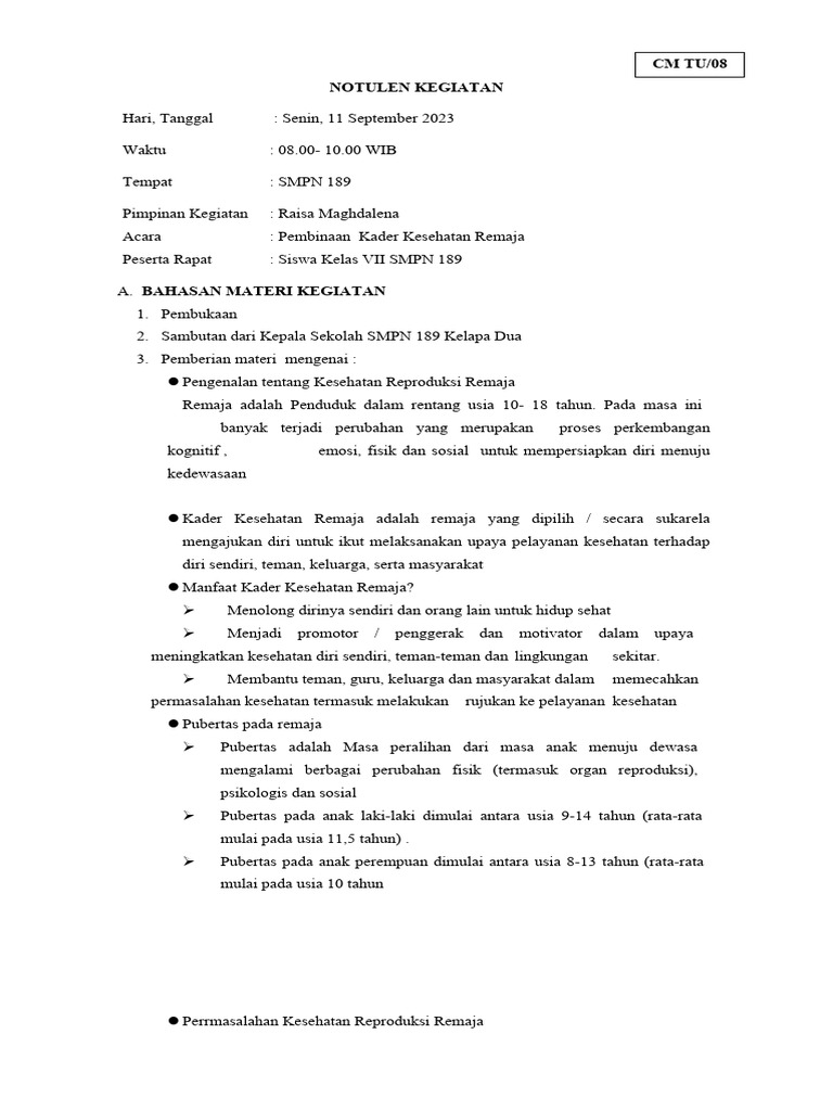 Pembinaan Kader Kesehatan Remaja SMPN 189 | PDF | Gaya Hidup