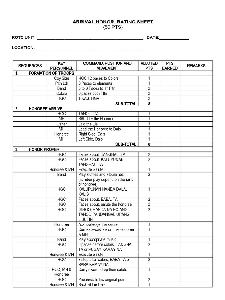 Arrival Honor Rating Sheet | PDF Arrival Honor Rating Sheet | PDF