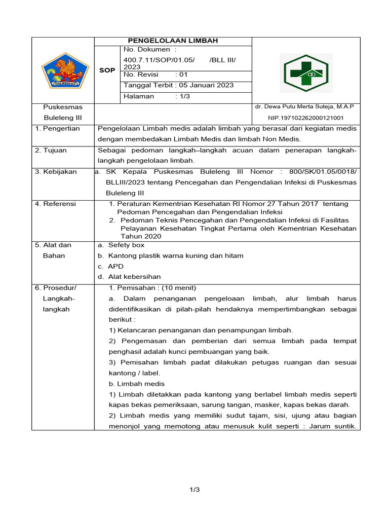 Sop Pengelolaan Limbah | PDF