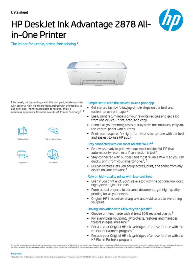 HP Deskjet Ink Advantage 2878 All-In-One Printer: Data Sheet | Download Free PDF | Printer ...