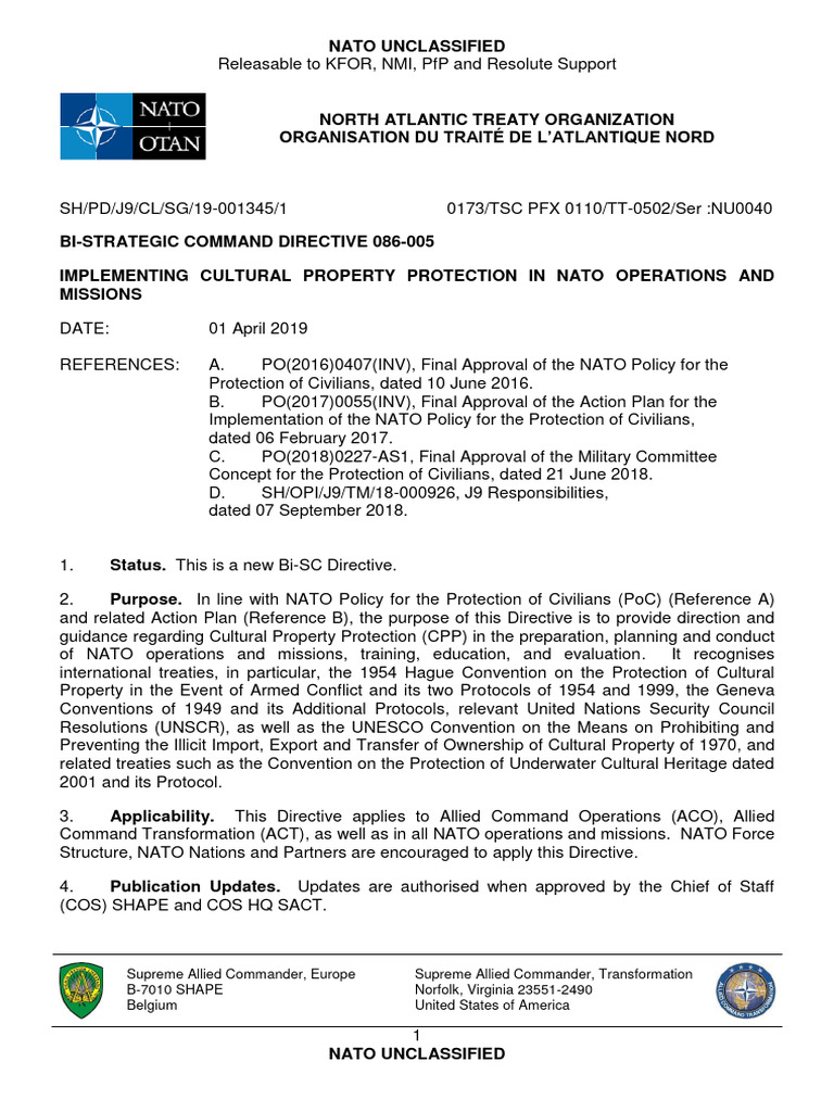 Bi-SCD 086-005 Implementing Cultural Property Protection in NATO Operations and Missions-1 | PDF