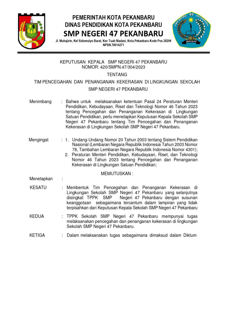 304 Tim Pencegahan Dan Penanganan Kekerasan Di Lingkungan Sekolah | PDF