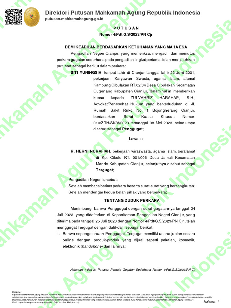 Putusan 4 Pdt.g.s 2023 PN CJR 20230920085910 | PDF
