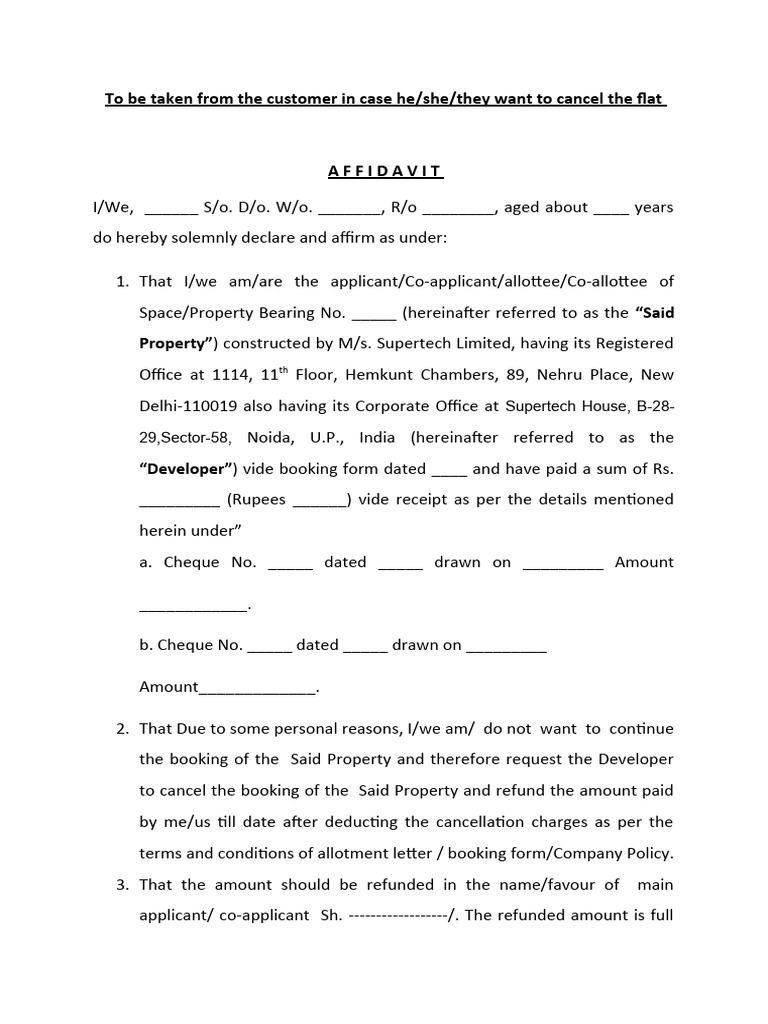 Flat Booking Cancellation Affidavit | PDF | Private Law | Justice
