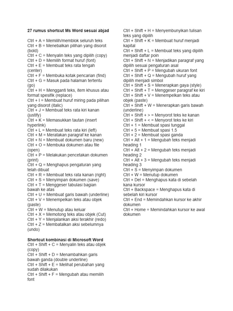 27 Rumus Shortcut Ms Word Sesuai Abjad | PDF