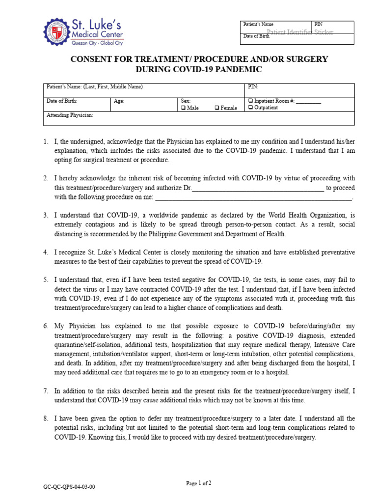 SLMC Consent For Treatment and Procedure During Covid19 Pandemic | PDF | Surgery | Patient