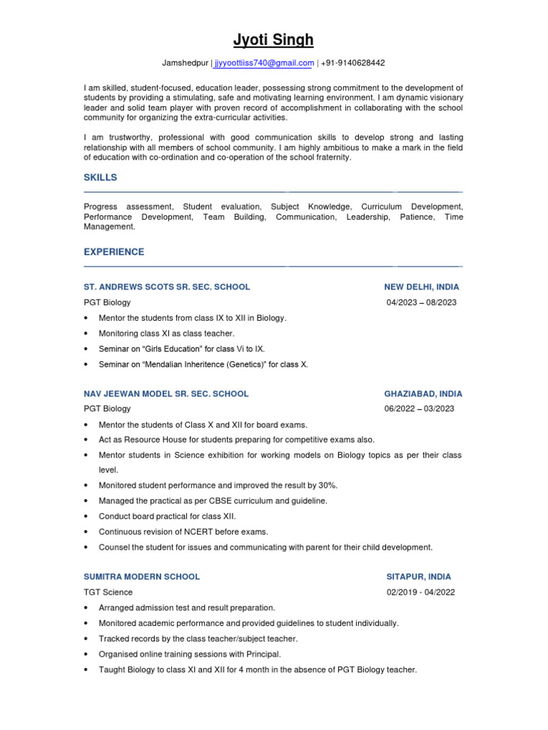 Resume Jyoti Singh - PGT Biology | PDF | Mentorship | Learning