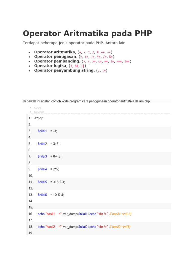 Operator Aritmatika Pada PHP | PDF | Metode & Bahan Ajar | Komputer