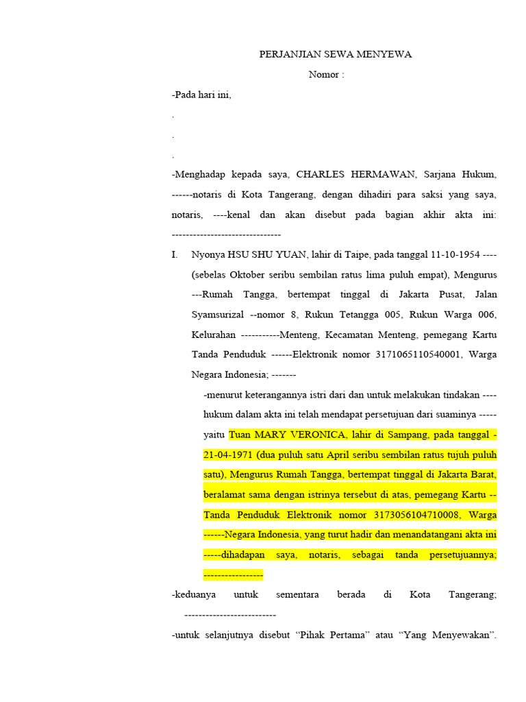 Sewa - Hsu Shu Yuan (Persetujuan Suami) - PT Mitra Indo Properti ...