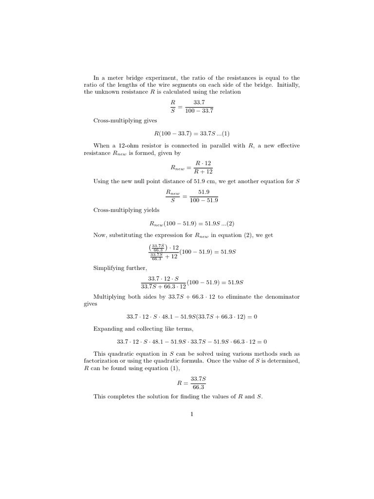 Meter Bridge Experiment: Finding R and S | PDF
