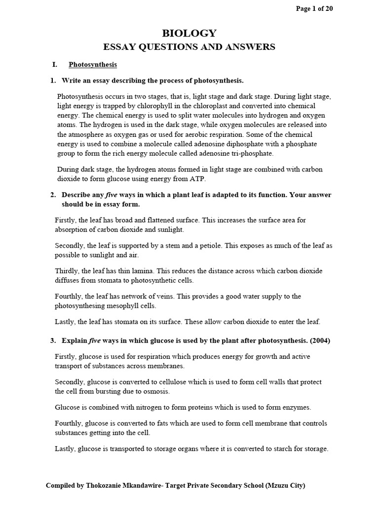 BIOLOGY ESSAY QUESTIONS AND ANSWERS-1 (1) | PDF