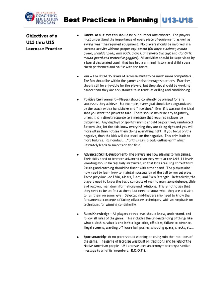 U13-U15 Lacrosse Practice Guide | PDF