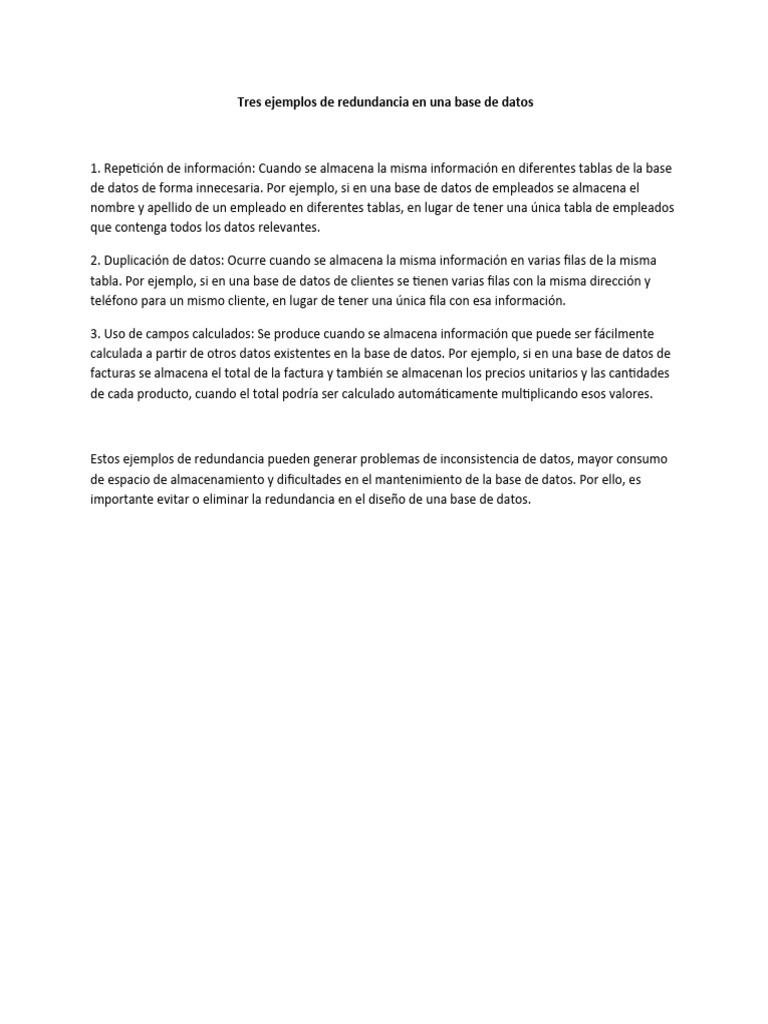 Tres Ejemplos de Redundancia en Base de Datos | PDF