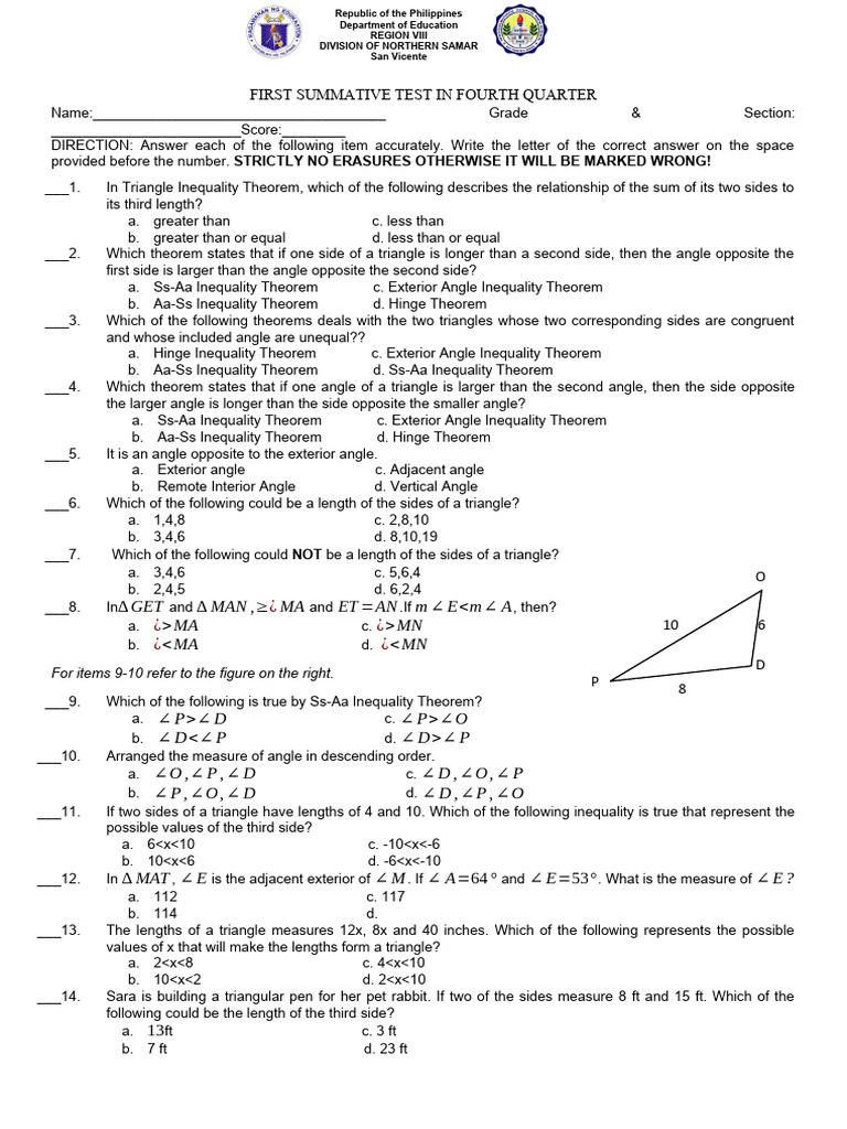 Fourth Quarter Summative Test: Geometry | PDF | Triangle | Angle