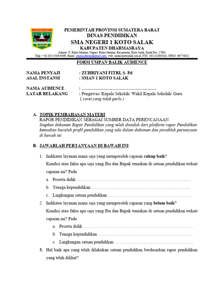 FORM Umpan Balik Rapor Pendidikan | PDF