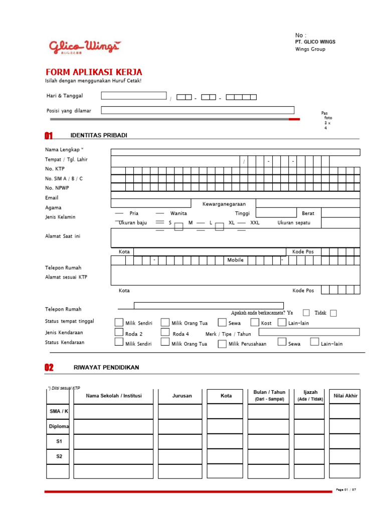Form Aplikasi Kerja - Glico Wings (Nama) | PDF