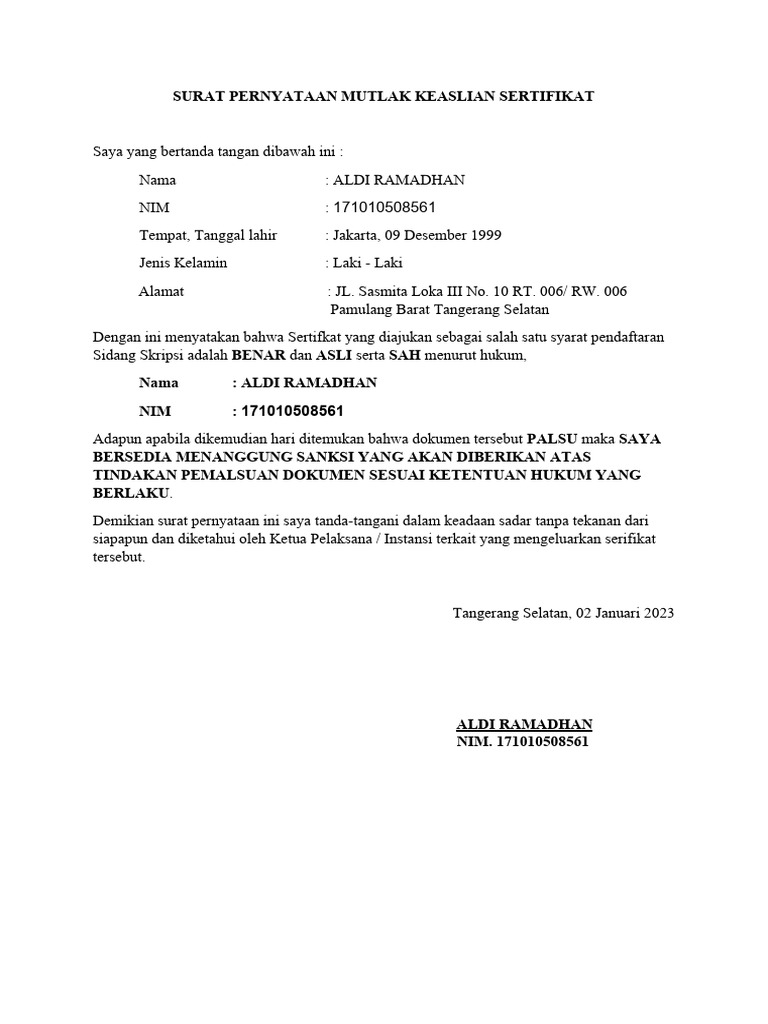 Aldi Surat Pernyataan Mutlak Keaslian Sertifikat | PDF