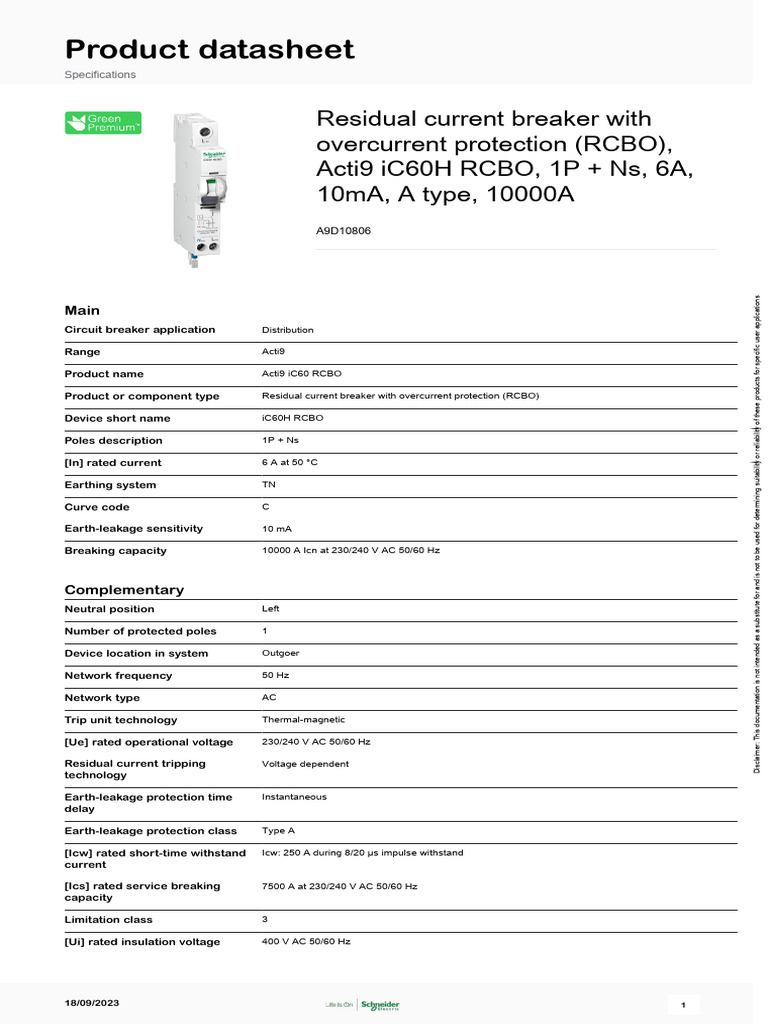 Acti9 Ic60 RCBO - A9D10806 | PDF