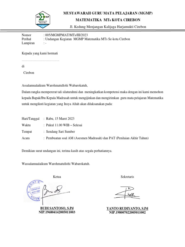 Surat Undangan MGMP No 5 MRT 2023 | PDF