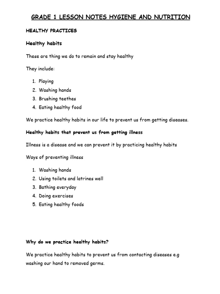 Grade 1 Hygiene And Nutrition Lesson Notes Version 2 Pdf Hygiene
