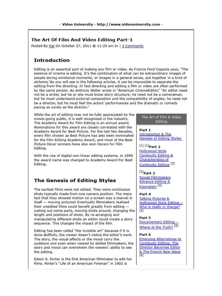 The Art of Film and Video Editing Part-1 Video University | PDF