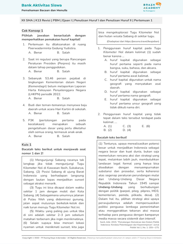 12 SMA IPA - G & H - PBM - Penulisan Huruf (Elite) (K-13 Revisi) - Bank Aktivitas Ejaan | PDF