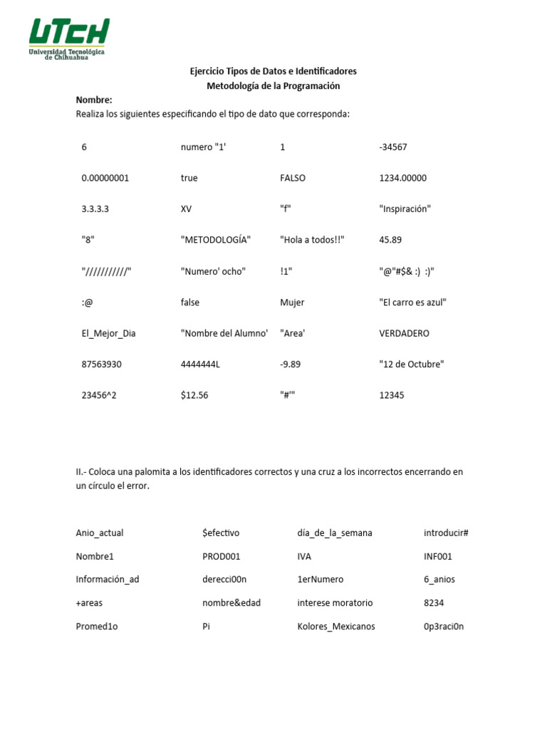 Tipos de Datos e Identificadores en Programación | PDF