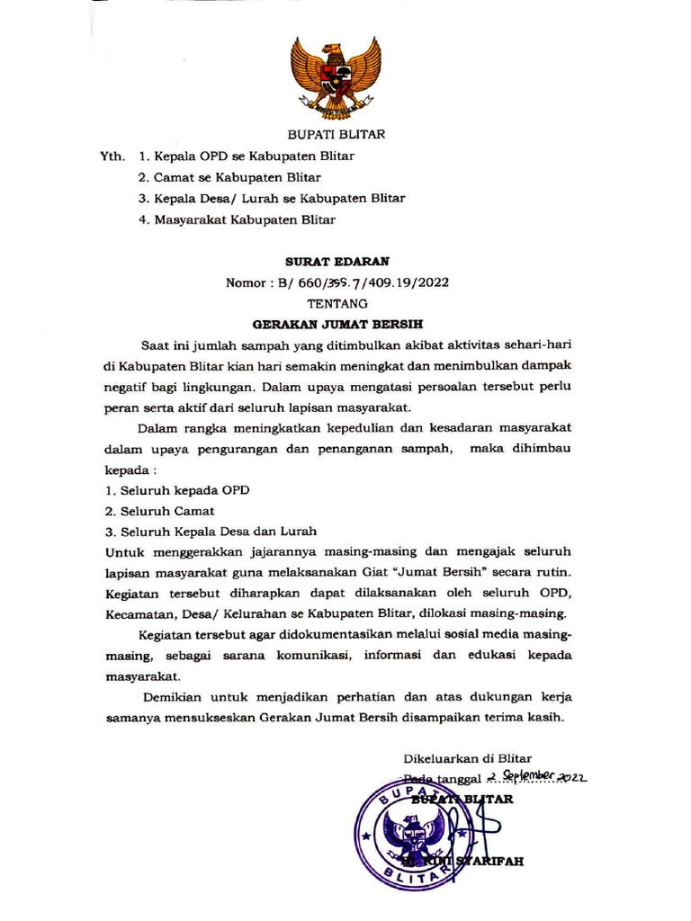 SURAT-EDARAN-BUPATI-TENTANG-GERAKAN-JUMAT-BERSIH-TAHUN-2022 | PDF