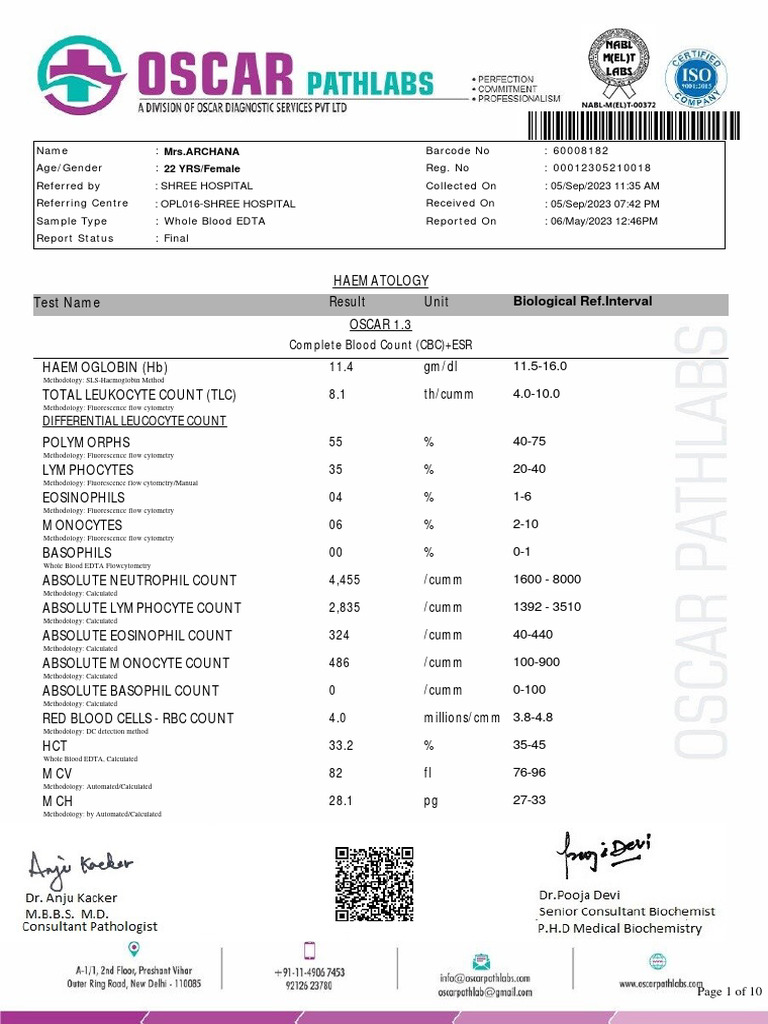 Archana Lab Report | PDF | Glycated Hemoglobin | White Blood Cell