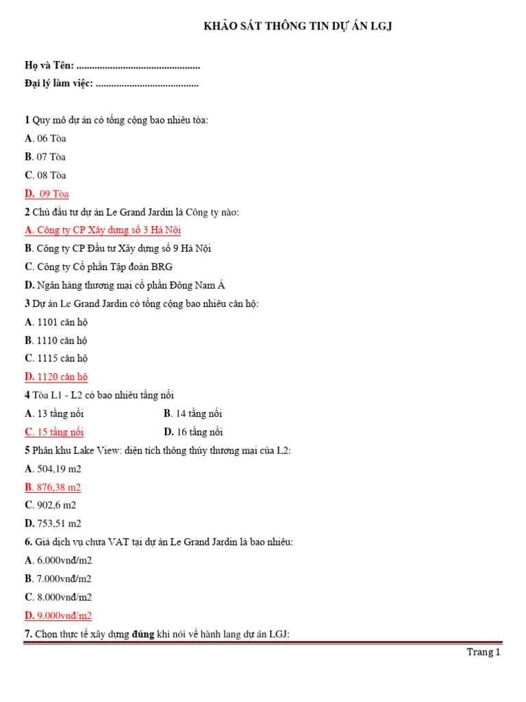 Khảo Sát Thông Tin Dự Án LGJ - Đáp Án | PDF