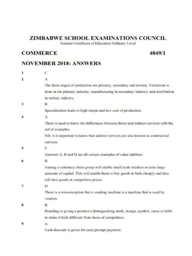 O-Levels Commerce 2018 Answers | PDF