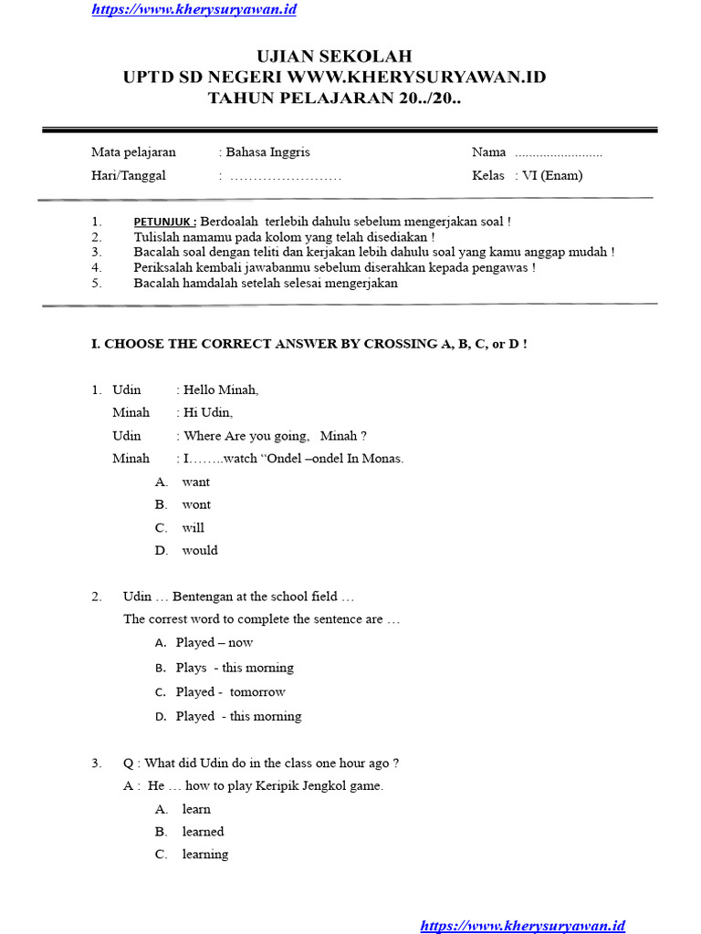 Soal US SD - Bahasa Inggris - WWW - Kherysuryawan.id | PDF | Indonesia | Southeast Asia