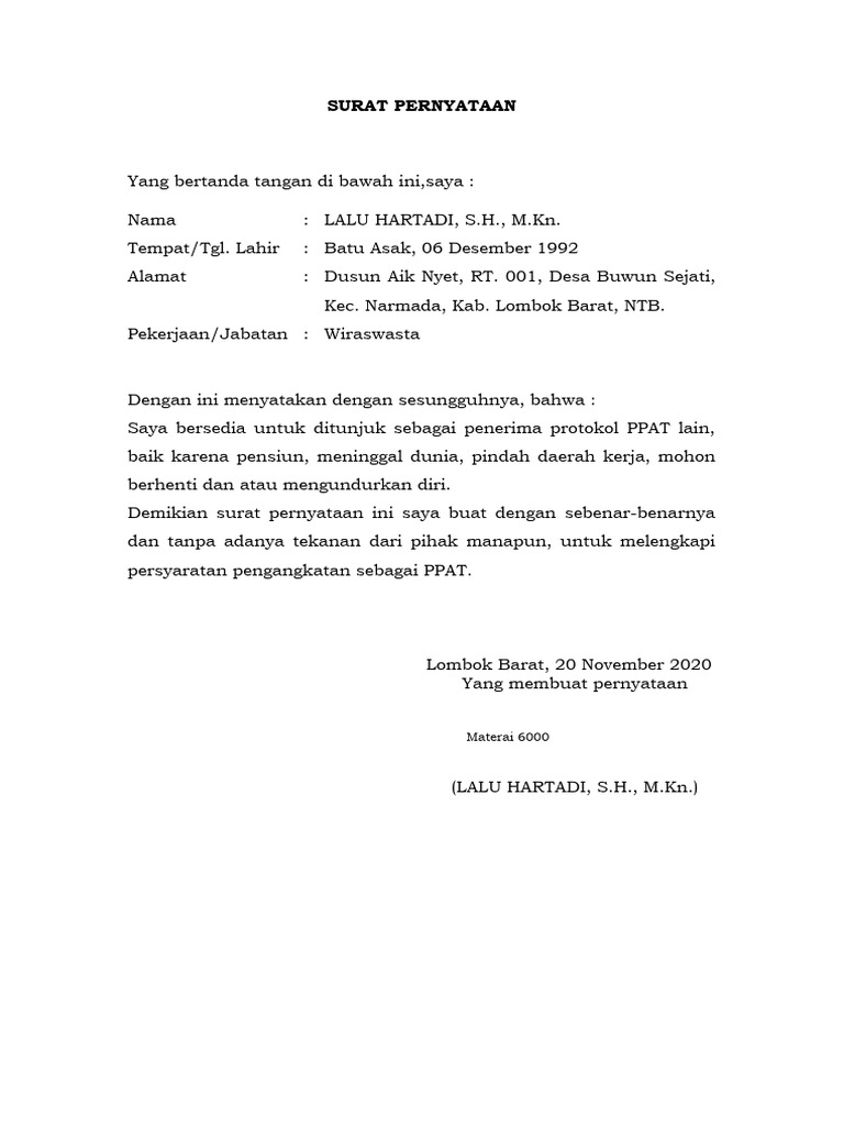 Surat Pernyataan Ppat | PDF
