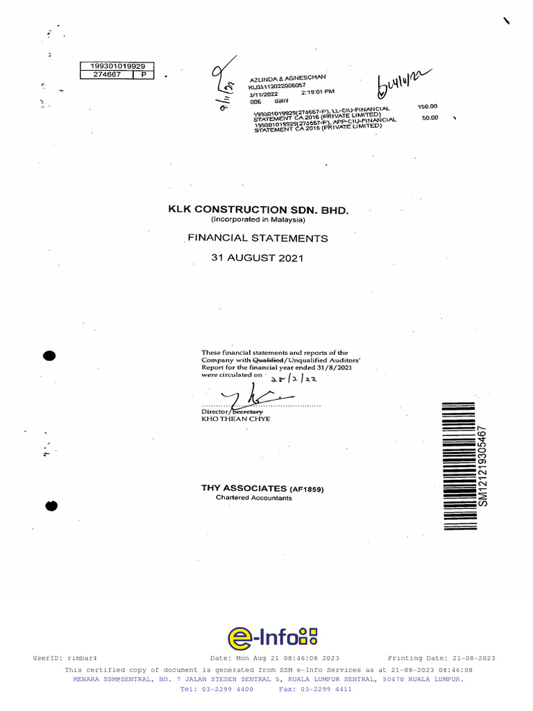 KLK Construction Financial Statement 2021 | PDF | Office Work | Office ...