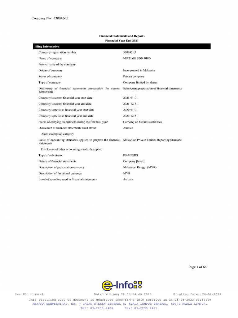 MS Time SDN BHD Financial Statement 2021 | PDF | Office Work | Fax