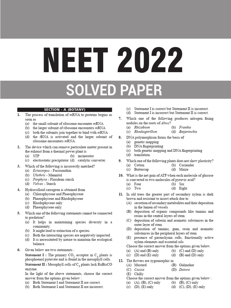 NEET Biology Solved Paper 2022 | PDF | Chemical Synapse | Meiosis