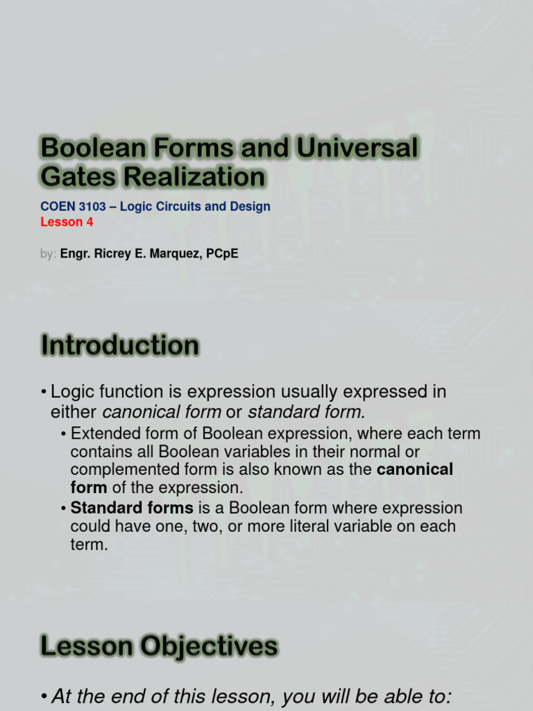 COEN 3103 Lesson 4 - Boolean Forms and Universal Gates Realization ...