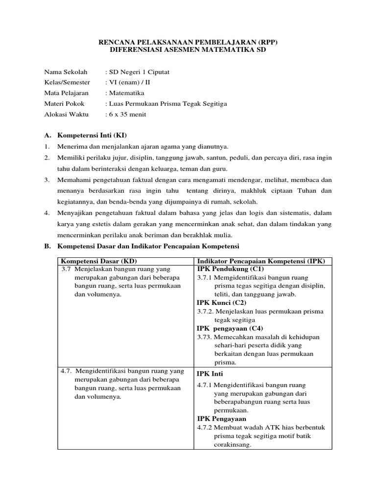 RPP Luas Permukaan Prisma Kelas 6 | PDF | Komputer